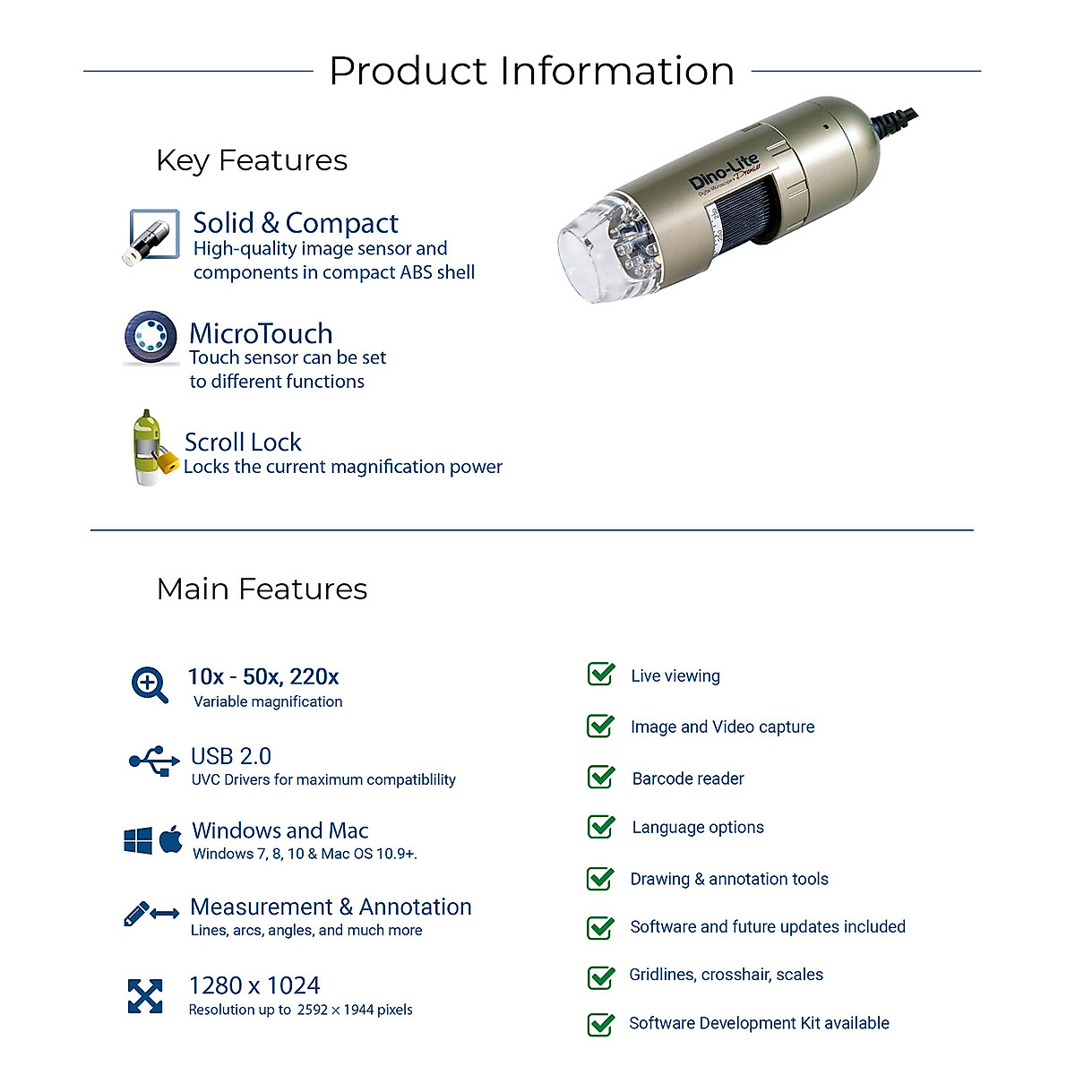 Dino-Lite USB Digital Microscope AM4113T - 1.3MP, 10x - 50x, 220x Optical Magnification, Measurement