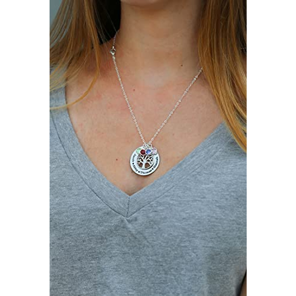 Silver Family Tree Necklace - Personalized Engraved Childrens Names, Choose Birthstone Crystals, Grandma Christmas Gift - 32MM Washer - DGR-32W