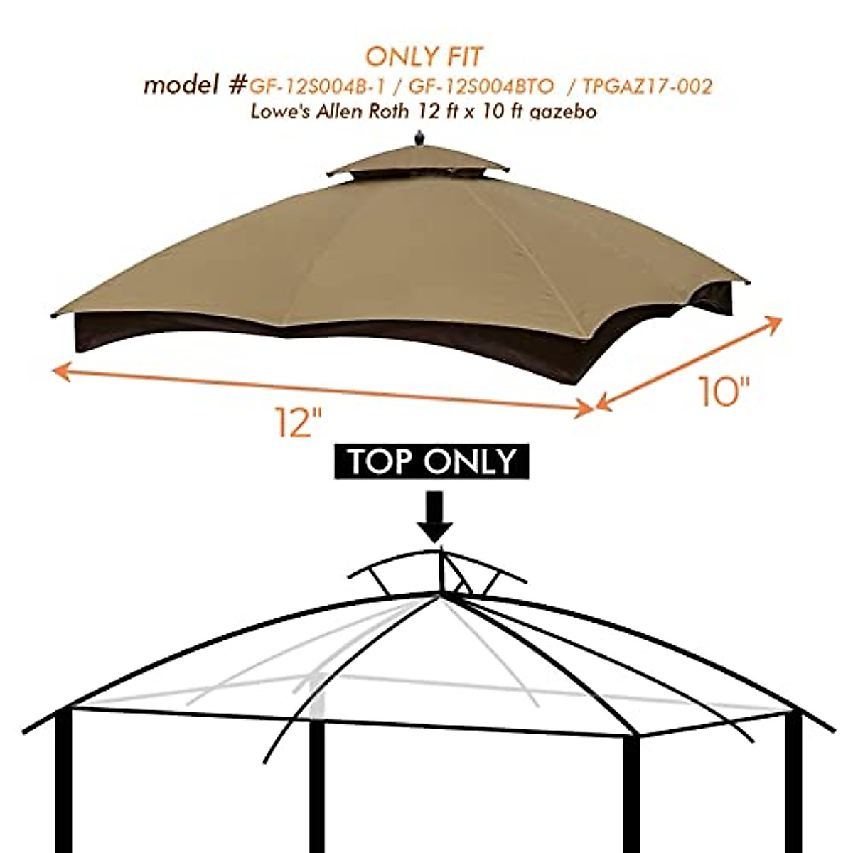Tanxianzhe Replacement Canopy Top Double Tiered Canopy Cover Roof with Air Vent ONLY FIT for Lowe's Allen Roth 10'x12’ Gazebo #GF-12S004B-1 (Khaki)