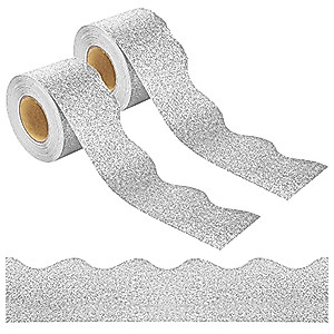 131Ft Silver Glitter Bulletin Board Borders Silver Scalloped Bulletin Board Trims Shiny Decorative Border Trims Sparkle Self-Adhesive Bulletin Stickers for Classroom School Home Office Blackboard Desk