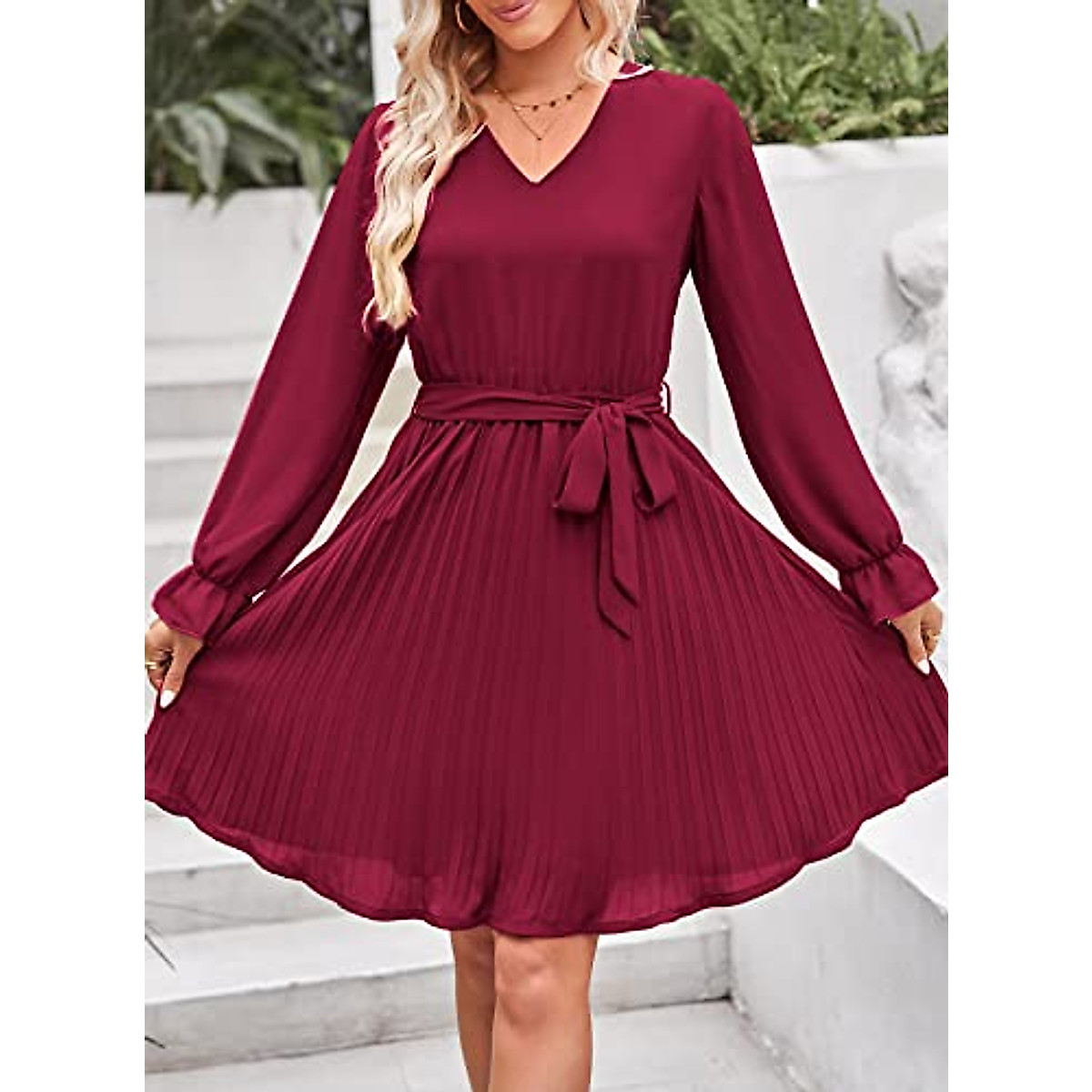 PRETTYGARDEN Women's Casual Spring Fall Dresses Long Puff Sleeve V Neck Pleated Ruffle Flowy Belted Dress (Wine Red,Large)