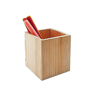 ZUFECY DIY Wooden Pen Holder Desk, Pencil Cup Makeup Brush Holder, Desktop Organizer Storage Case Stationery for School Home Office Supplies (Square)
