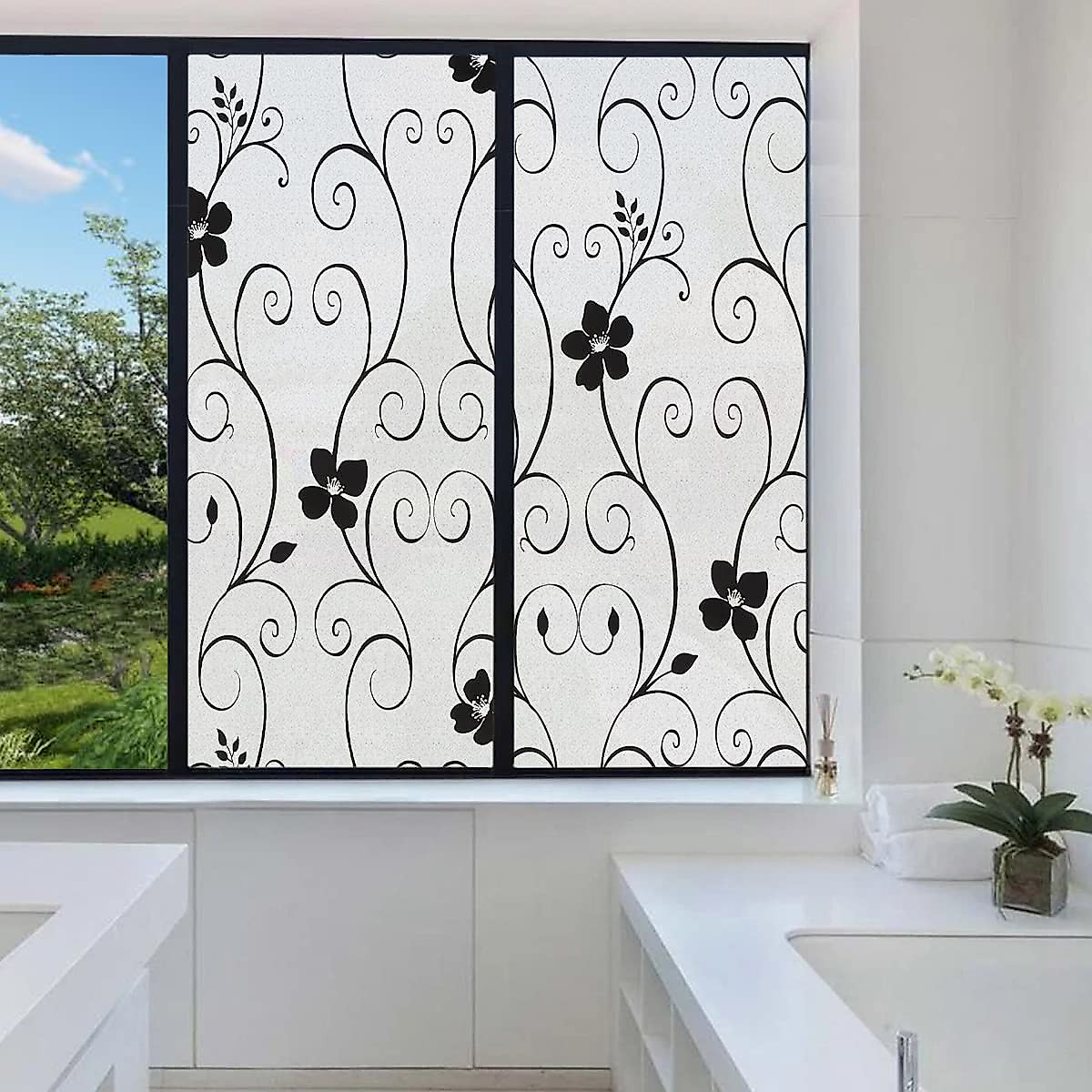 DUOFIRE Privacy Window Film Natural Frosted and Black Flower Static Cling Glass Film