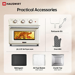 Hauswirt K5M Air Fryer Toaster Oven Combo, Retro XL Large Oven 3-4People, Air Fryer Oven with Rotisserie Kit, 26.5QT 6-slices Toast 12" Pizza, Bake Toast Broil,1600W 190°F-450°F,Non-Stick,Cream White