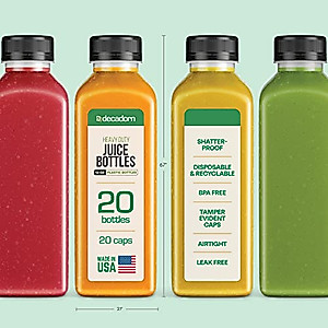 DECADORN 12oz Plastic Juice Bottles For Juicing - 20 Pack Plastic Bottles With Caps - MADE IN USA Juicing Bottles Reusable With Lids - Juicer Bottles With Tamper Evident Caps