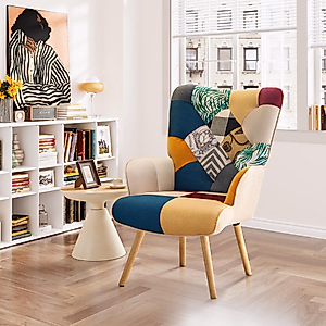 Fahomiss Accent Chair, Living Room Chair, Modern High Back Armchair, Colorful Patchwork Reading Chairs for Bedroom, Lounge Chair with Linen Fabric Shell and Solid Wood Feets (1, Colorful)