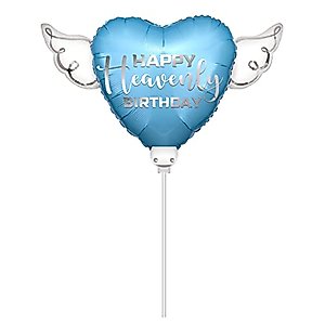 Heavenly Balloons on a stick Happy Heavenly Birthday blue balloon heart shaped with angel wings