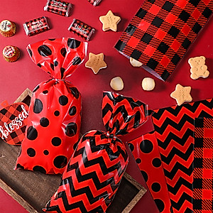 120 Pieces Christmas Cello Candy Bags Buffalo Polka Dot Stripes Prints Plastic Goodie Treat Favor Bags with 200 Twist Ties for Winter Holiday Birthday Baby Shower Party Supplies (Red, Black)