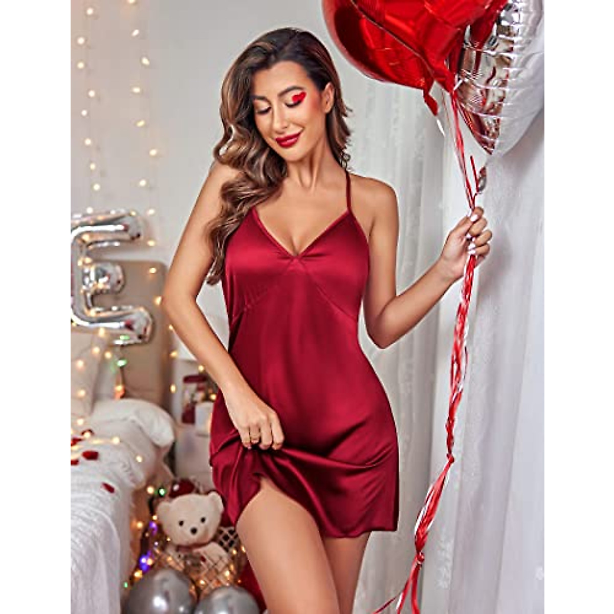 Ekouaer Women Sleepwear Satin Lingerie Chemise Nightgown Babydoll Nightwear Silk Slip Dress Wine Red