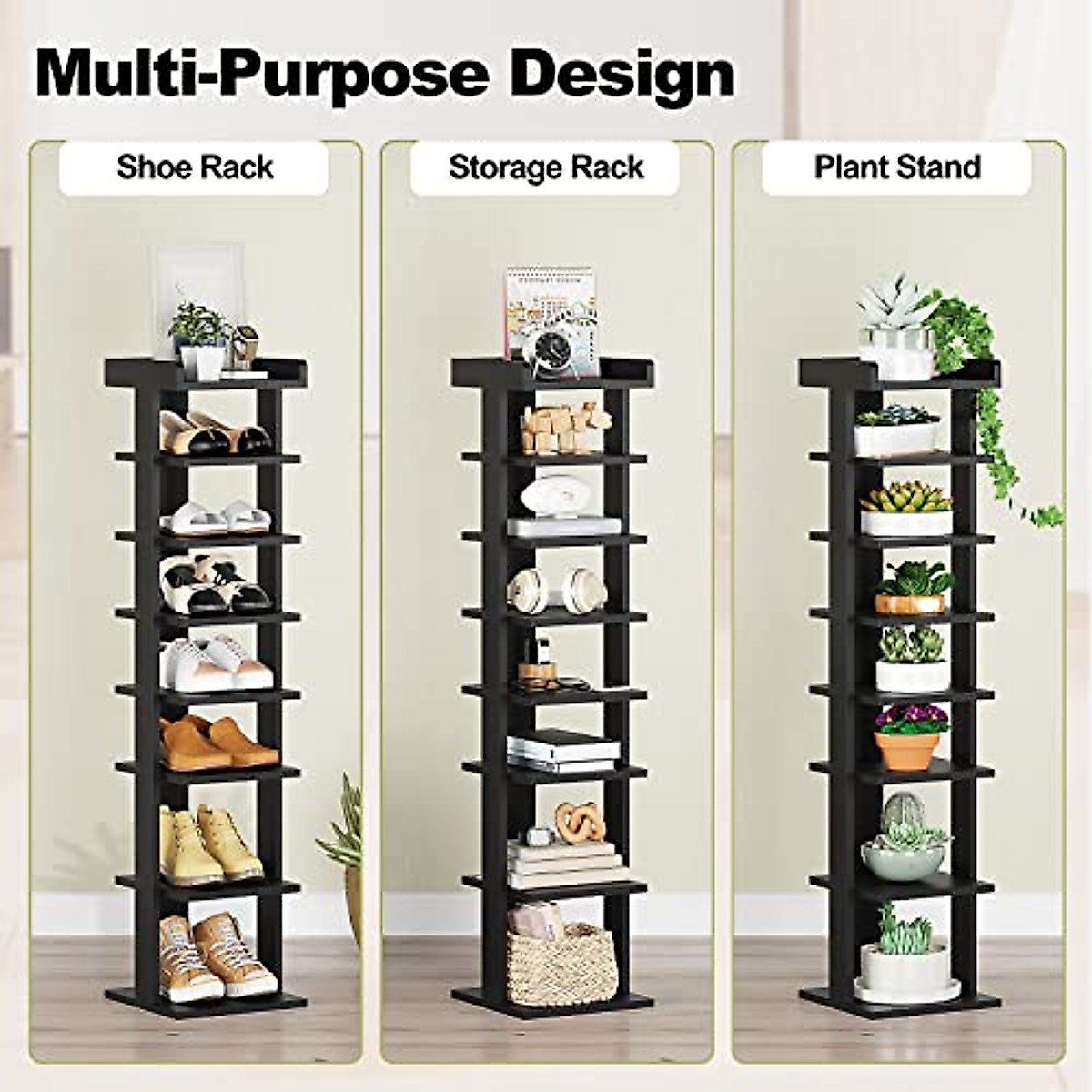 JEROAL Wooden Shoes Rack, 7 Tiers Entryway Vertical Narrow Tall Shoe Rack for Small Spaces, Stylish Shoe Tower Storage Organizer for Front Door Entryway Hallway Closet Bedroom