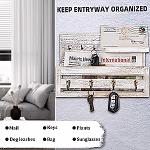 Wood Mail Organizer Wall Mounted - Key Holder for Wall, Mail and Key Holder with Shelf, Mail Holder with Key Hooks for Letter, Bills and Dog Leash, Rustic Mail Sorter for Entryway, Office, White