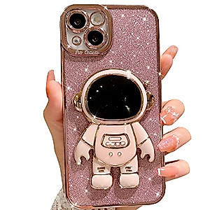 MGQILING Compatible for iPhone 13 Bling Plating Astronaut Hidden Stand Case, Cute 6D Stand Glitter Phone Case for Women Girls Soft TPU Shockproof Back Cover - Pink