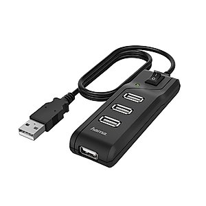 Hama USB Hub 4 Ports with Switch (High-Speed Data Transfer, 4X USB-A for Mouse, USB Stick, etc., 1.8 m Long Cable, Multiport Adapter, USB Adapter 4-in-1 for Office, Home Office and Travel)