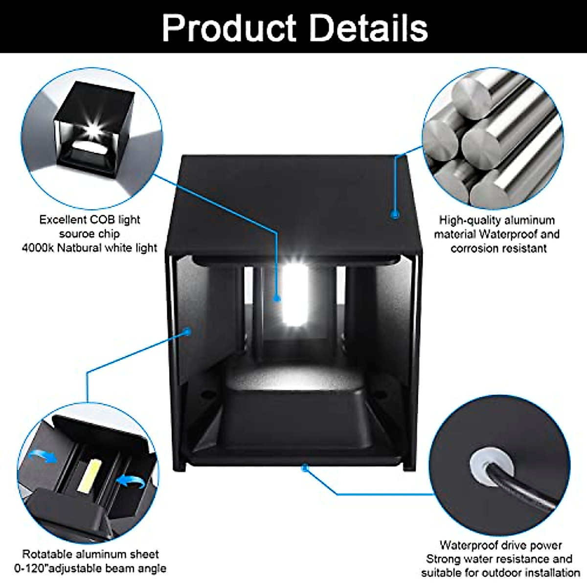 Juyace LED Sconce Wall Lighting 20W Outdoor Wall Light Up and Down Exterior Light Fixtures Angle-Adjustable Square Aluminum 4.7" IP65 Waterproof 6000K for Porch Patio Garage Backyard Garden