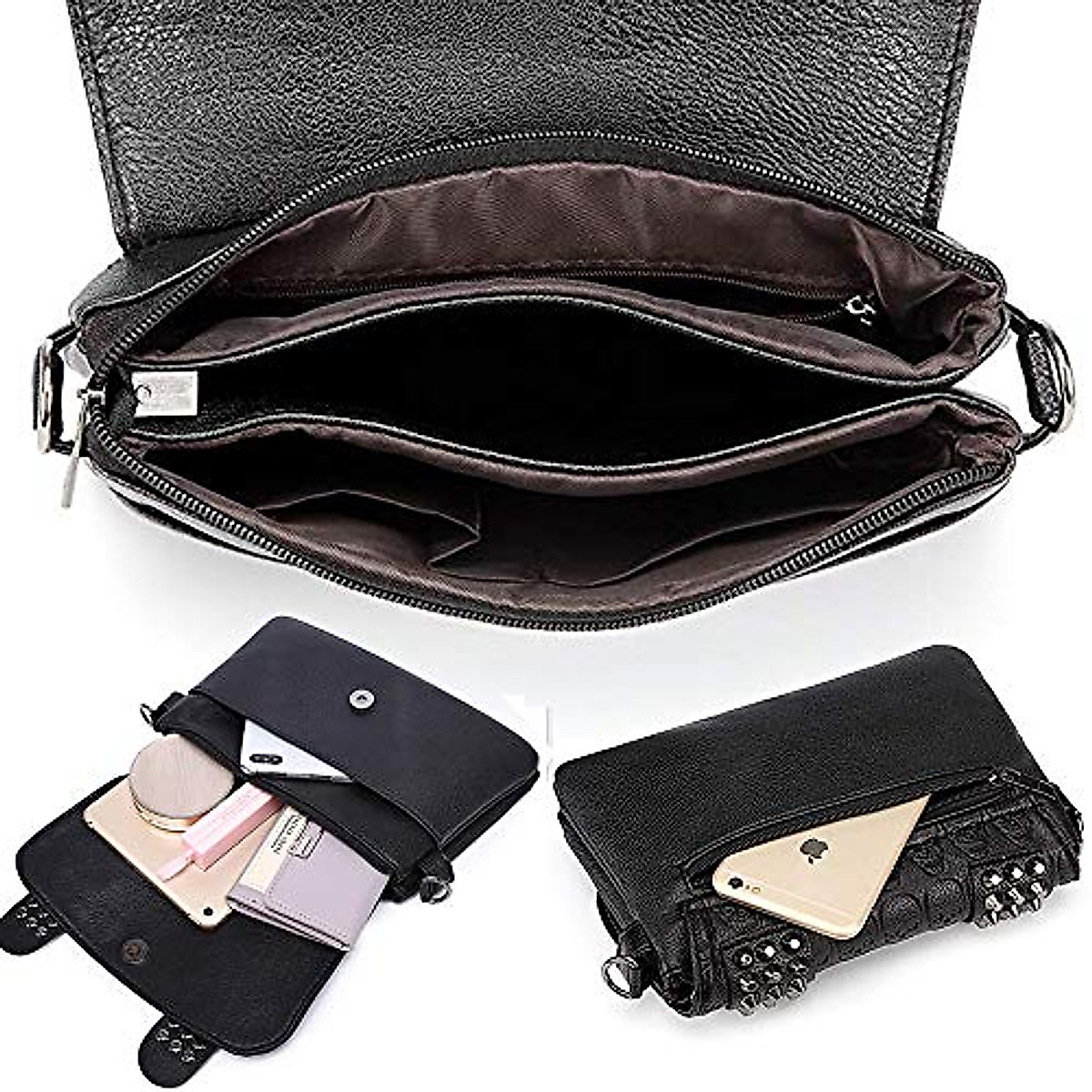 BelonYou Women Punk Skull Shoulder Top-Handle Bag Goth Rivet Purse Handbag PU Leather Chain Satchel Tote Black
