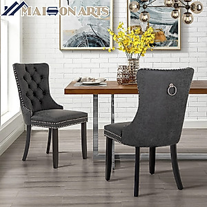 MAISON ARTS Faux Leather Dining Chairs Set of 6, Upholstered Tufted Dining Room Chair with Pull Ring Trim & Button Back Modern Diner Chairs Solid Wood Legs for Kitchen Dining Room, Black
