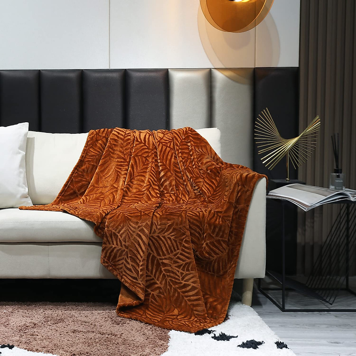 SOCHOW Super Soft Flannel Fleece Throw Blanket, Lightweight Cozy Warm Leaves Textured Plush Blanket for Bed Couch Sofa, 50 x 60 Inches, Caramel