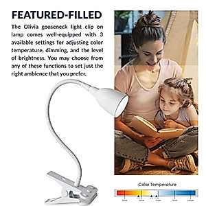 Newhouse Lighting NHCLP-OL-WH Olivia LED Clamp Light Desk Lamp with Flexible Gooseneck, 3 Brightness Levels & 3 Color Modes, White