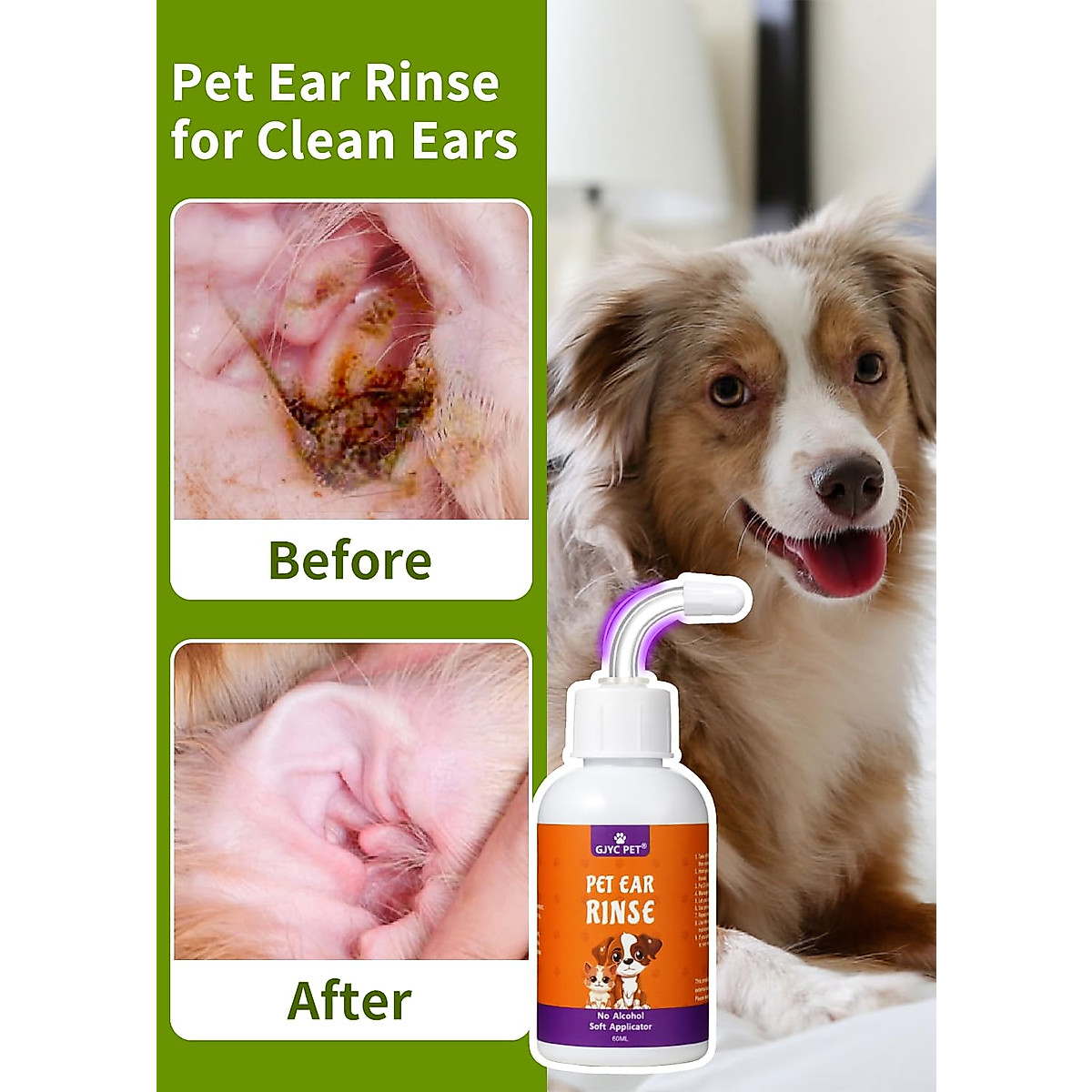 GJYC PET Dog Ear Cleaner-Ear Rinse & 100pcs Dog Ear Wipes & 30 Cotton Swabs Dog Ear Inflammation Therapy for Itch Relief, Soothe Ear Inflammation, Removes Wax, Odor