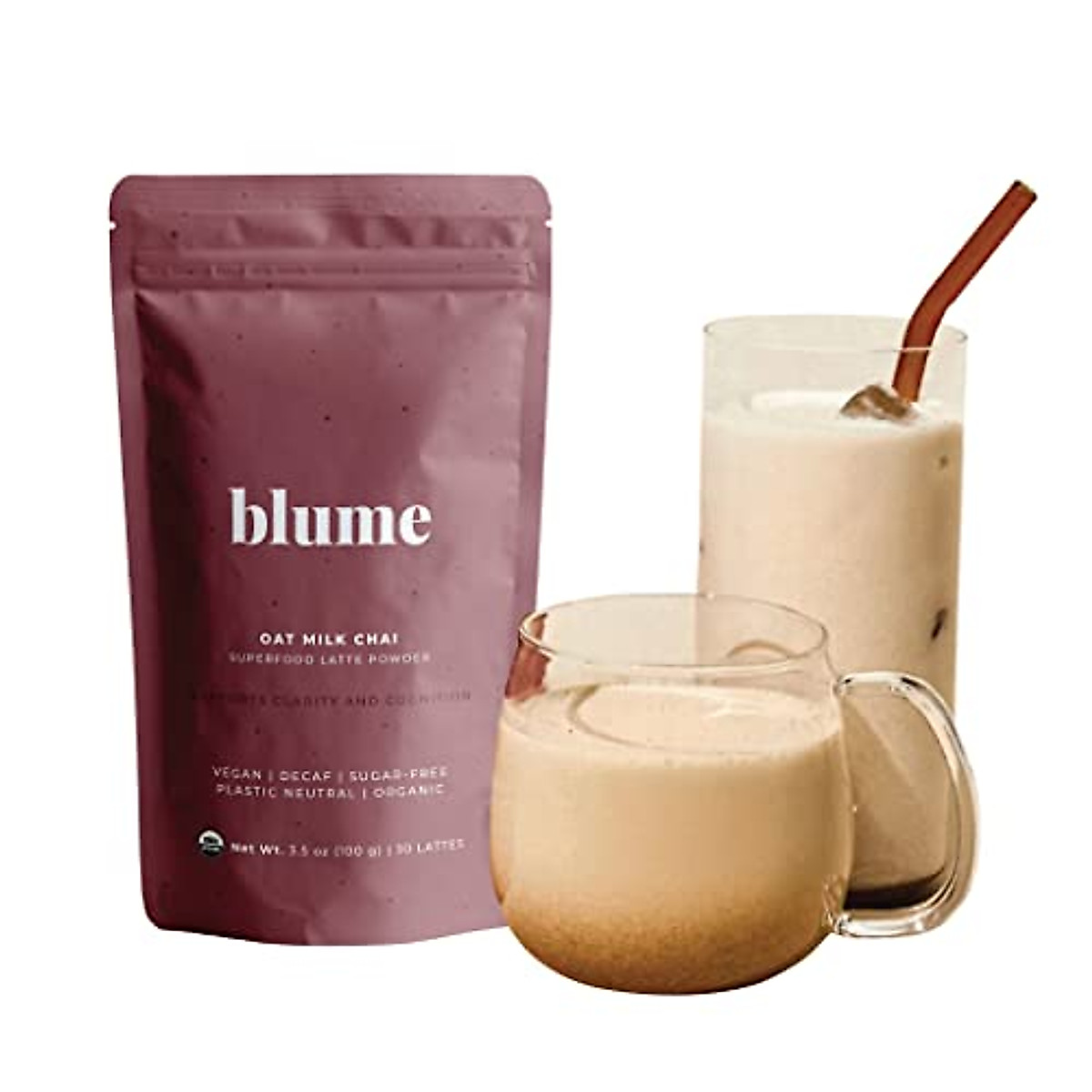 Blume Oat Milk Chai Latte - Organic Chai Source from India - Decaf Chai Tea Powder Super Latte with Milk Thistle, Fennel and Ginger Root - Sugar-Free, Gluten-Free and Vegan - Blend with Coffee, Tea or Smoothies - 30 Servings