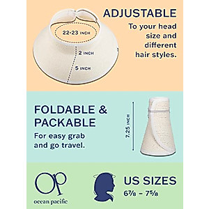 Ocean Pacific Beach Roll Up Straw Sun Hat Visor for Women, Sun Protection UPF 50 (White)