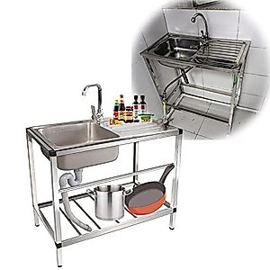 Commercial Restaurant Sink W/Faucet & Drain, Utility Kitchen Sink With Console/Stand, 304 Stainless Steel Sink Kit With Single Bowl For Garage Basement Shop Portable Handwashing Station