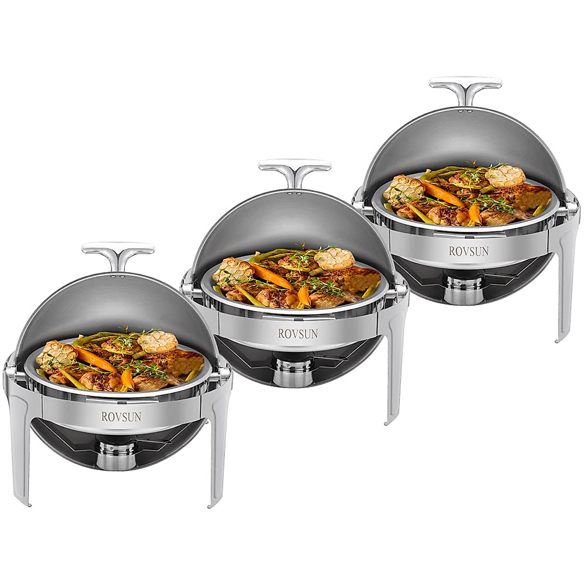 ROVSUN 3-Pack Roll Top Chafing Dish Buffet Set,6 Quart Full Size Pan Chafer, NSF Stainless Steel Round Set with Food Pan, Water Pan for Wedding, Parties, Banquet, Catering Events