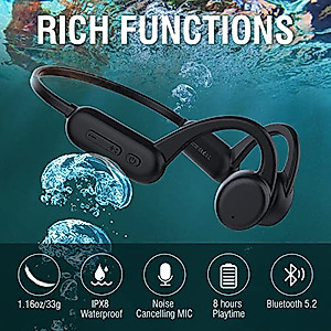 Bone Conduction Bluetooth Headphones Swimming Headphones IPX 8 Waterproof Open Ear Wireless Sport Headsets with MP3 Play 8 G Memory for Running Working (Black)