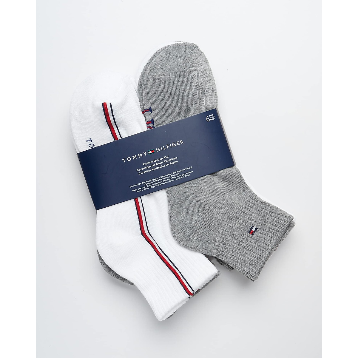 Tommy Hilfiger Men's Quarter Socks - 6 Pack Cushioned Men's Athletic Ankle Socks - Breathable Sports Socks for Men (7-12), Size 7-12, White Multi
