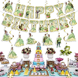 Princess Frog Birthday Decorations,Princess Party Decorations Banner and Hanging Swirls Party Supplies,Boys and Girls Happy Birthday Banners Decor