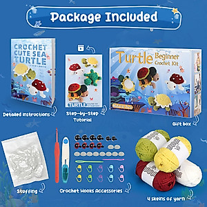 Katech Crochet Kit for Beginners-Super Easy Beginner Crochet Animal Kit for Adults Kids with Step-by-Step Video Tutorials, Easy-to-See Stitches Yarn for Beginners Crochet Turtle Kit Making