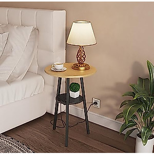 IRCPEN Round End Table with Charging Station, 2-Tier Small Round Table with USB Ports & Power Outlets, Rustic Vintage Nightstand Bedside Table Sofa Table for Bedroom, Living Room (Natural)