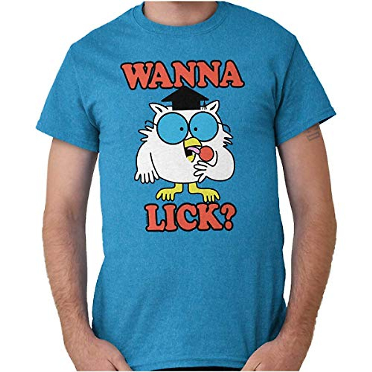 Wanna Lick? Mr. Owl Tootsie Pop Funny Graphic T Shirt Men or Women Heather Sapphire