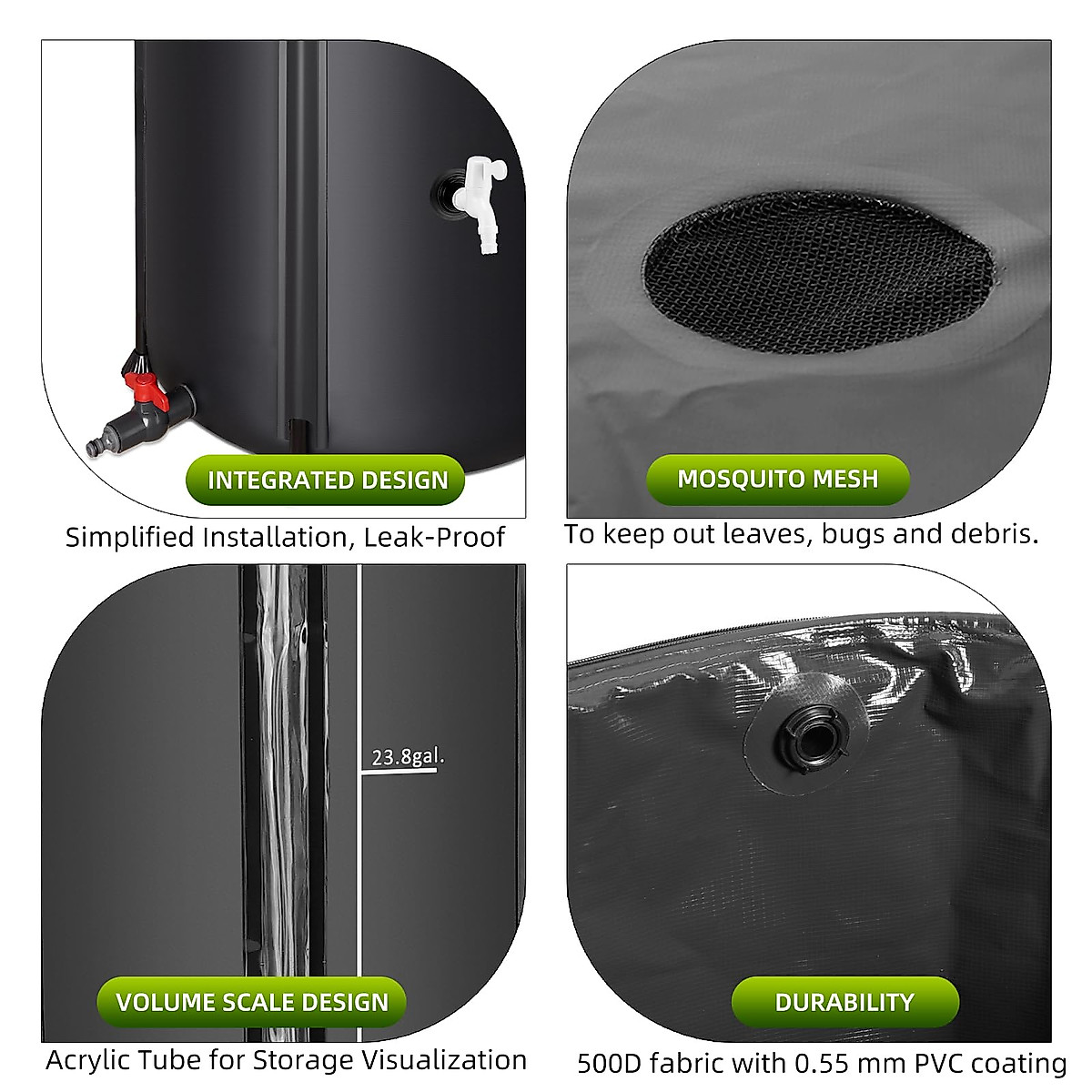 Rain Barrel Water Collection System 53 Gallon - Collapsible Portable Water Storage Tank,Rainwater Collect System Downspout, Water Catcher Container with Filter Two Spigots and Overflow Kit