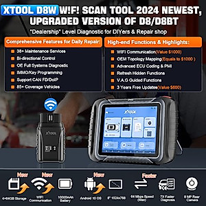 XTOOL D8W Wireless Bidirectional Scan Tool, Topology OBD2 Scanner with 3-Year Updates, ECU Coding, PMI, 38+ Resets, Crankshaft Relearn, CAN FD/DoIP, Full Diagnostic Scanner for Car