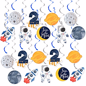 20Pcs Space 2nd Birthday Hanging Swirl Decorations,Two The Moon Second Birthday Party Hanging Decor for Kids Boy Baby Shower,to The Moon Birthday Decor,2 Year Old Outer Space Party Supplies