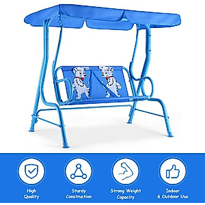 ReunionG Kids Porch Swing, 2 Seats Children Swing Chair w/Safety Belt & Adjustable Hammock Canopy, Kids Patio Swing Bench for Outdoor