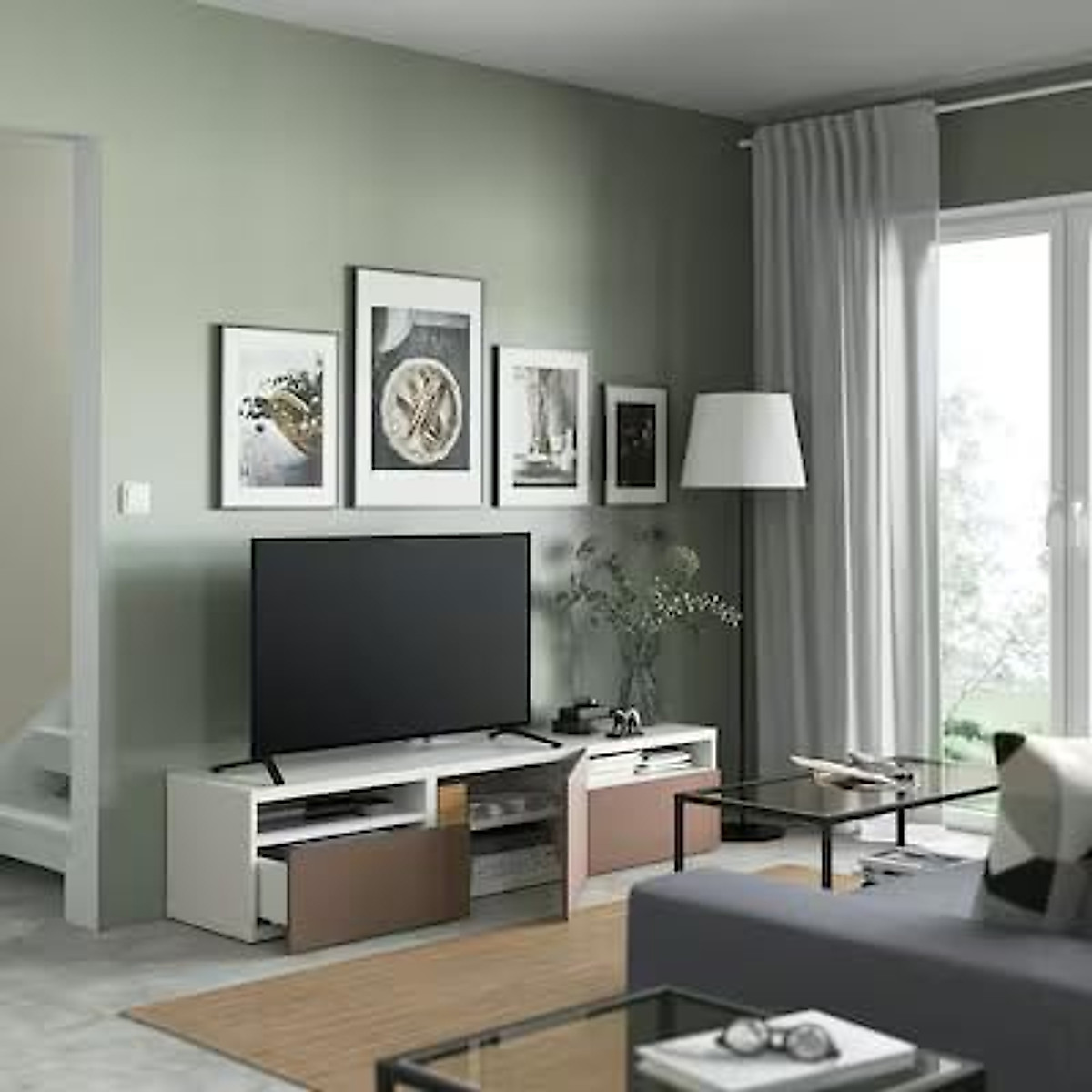 TV Unit with Drawers and Door, White/Lappviken Light Gray-Brown, 70 7/8x16 1/2x15 3/8 "
