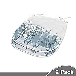 Lunarable Dusty Blue Chair Pad Set of 2, Christmas Theme Snowy Forest Elements Winter Season Landscape, Water Resistant Pillow with Ties Dining Room Kitchen, 15" x 15", Grey Teal Blue Grey