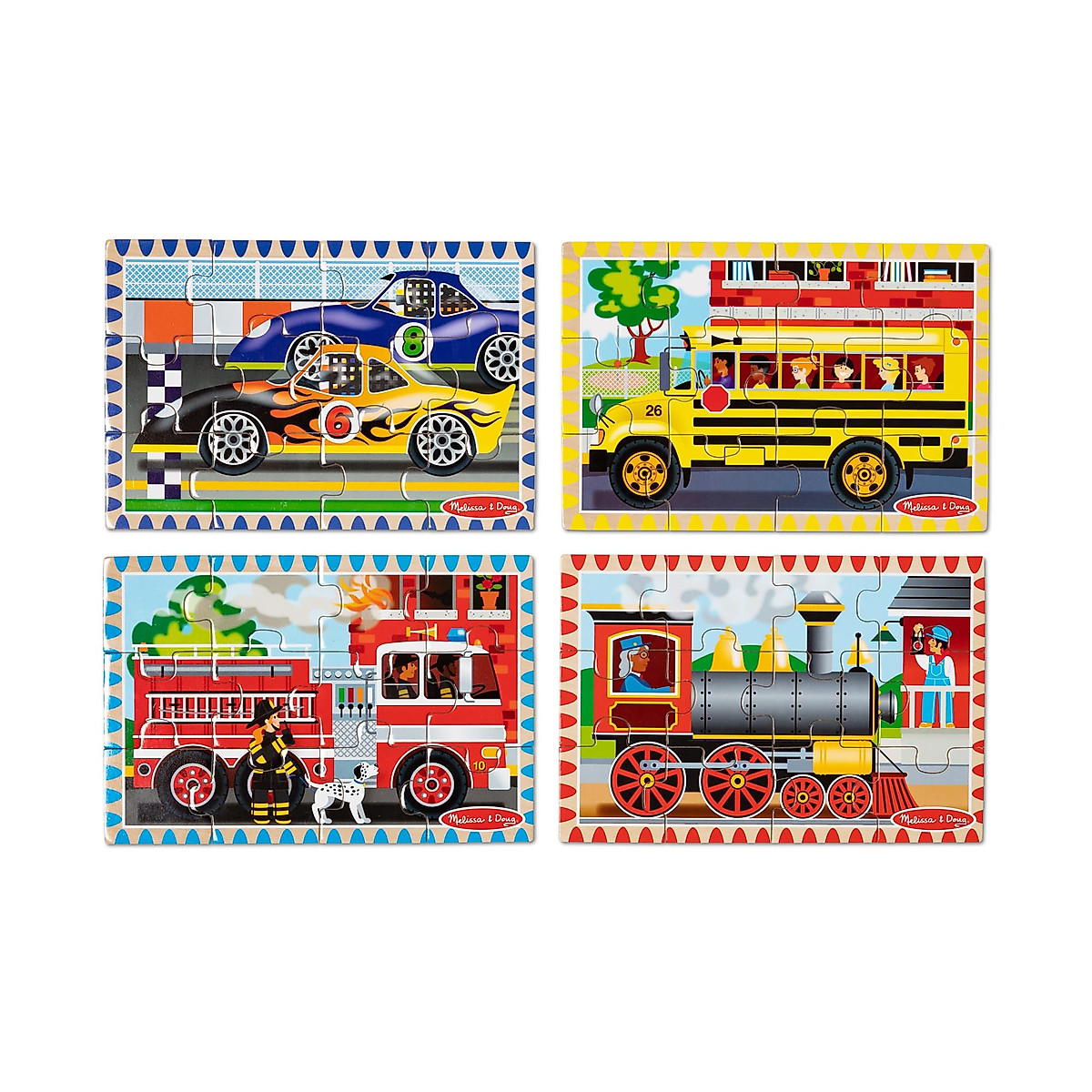 Melissa & Doug Vehicles 4-in-1 Wooden Jigsaw Puzzles in a Storage Box (48 pcs) - FSC Certified