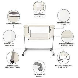 Dream On Me Seashell Bassinet & Bedside Sleeper in Pearl, Lightweight Easy Folding and Height Adjustable Baby Bassinet, Mattress Pad Included, JPMA Certified