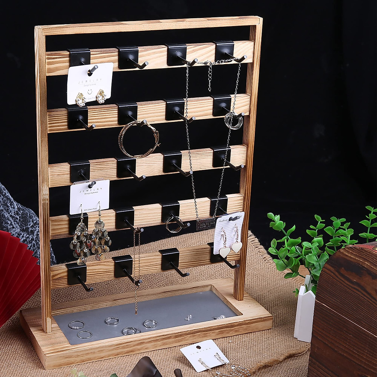 BEROSS Wooden Jewelry Display Stand with 20 Hooks Earring Card Display Rack for Selling Five-Tier Jewelry Organizer for Earring Cards, Necklaces, Bracelets