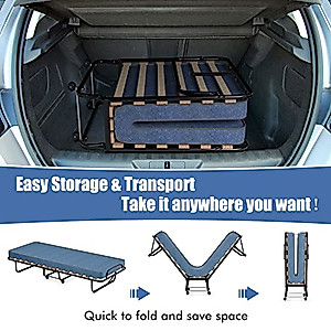 Giantex Folding Bed with Mattress for Adults, Rollaway Guest Beds w/Memory Foam Mattress & Metal Frame, Made in Italy, Cot Size Rollaway Bed, Portable Foldable Sleeper Bed for Home, 75" x 32" (Blue)