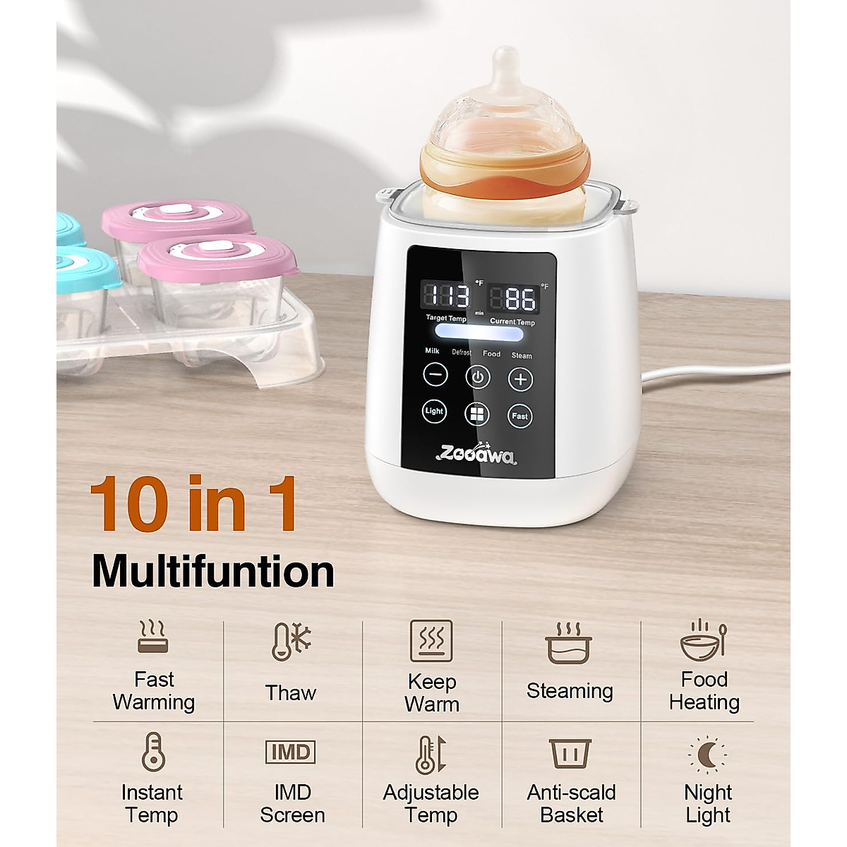 Bottle Warmer, Zooawa Fast Baby Bottle Warmer for Most Bottles, 10-in-1 Baby Milk Warmer with IMD LED Display & Smart Temperature Control, Bottle Warmers for Breastmilk and Formula, White