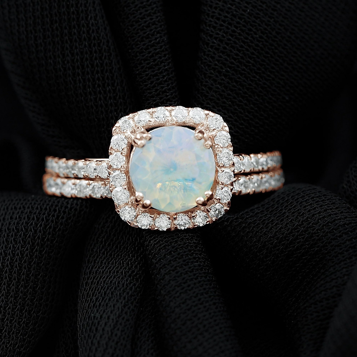 Ethiopian Opal Moissanite Wedding Ring Set, AAA Quality Certified 8mm Round Opal Bridal Ring Set - With Jewelry Box, 14K Rose Gold, Size:US 7.00