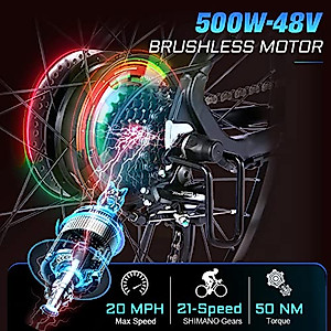 Vivi Electric Bike, 27.5" Electric Mountain Bike for Adults, with 500W Motor 48V 10.4Ah Removable Battery, 20mph - Class 2 eBike, Up to 50 Miles Range, 21 Speed, Suspension Front