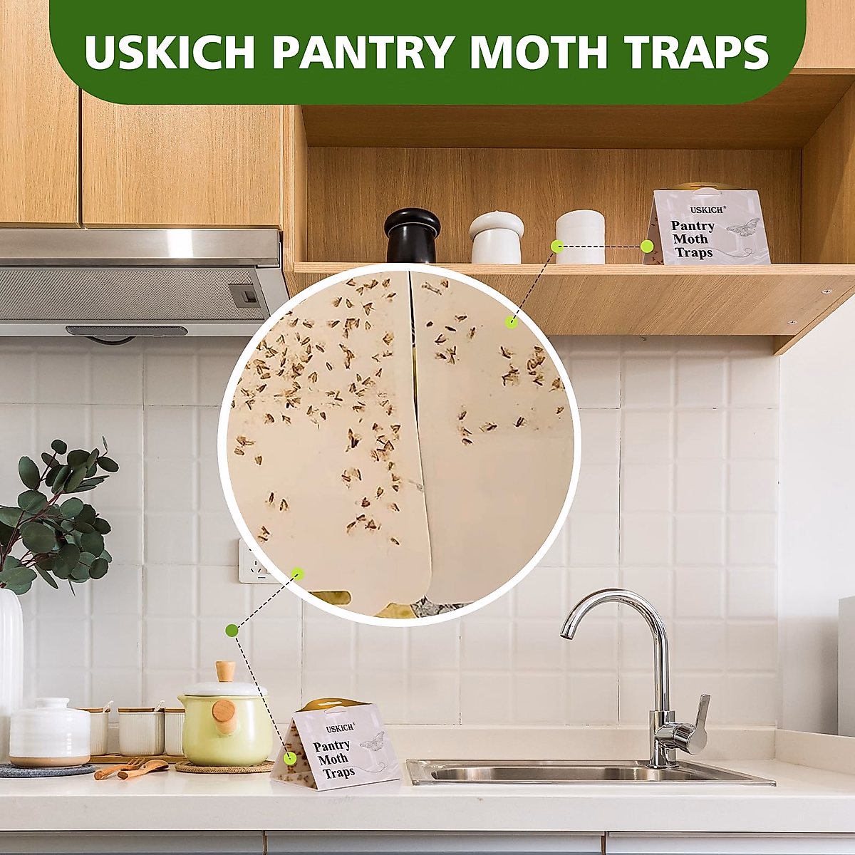 USKICH Pantry Moth Traps with Strength Pheromones Moths Killer Safe and Effective for Food and Cupboard Non-Toxic Sticky Glue Trap for Pantry Pests-10Pack