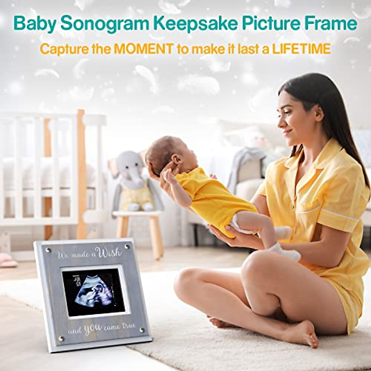 1Dino Premium Baby Sonogram Keepsake Picture Frame, Ultrasound Frame - 8.5" x 8.5" White/Grey Wood Photo Frame - Gift Idea for Expecting Parents, Baby Shower, First Time Mom/Dad Gifts, Nursery Decor