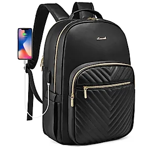 LOVEVOOK Laptop Backpack for Women, Faux PU Leather Quilted Backpack Purse, Business Computer Travel Work Bags, Nurse Backpack for Work, Fits 15.6-Inch Laptop, Black