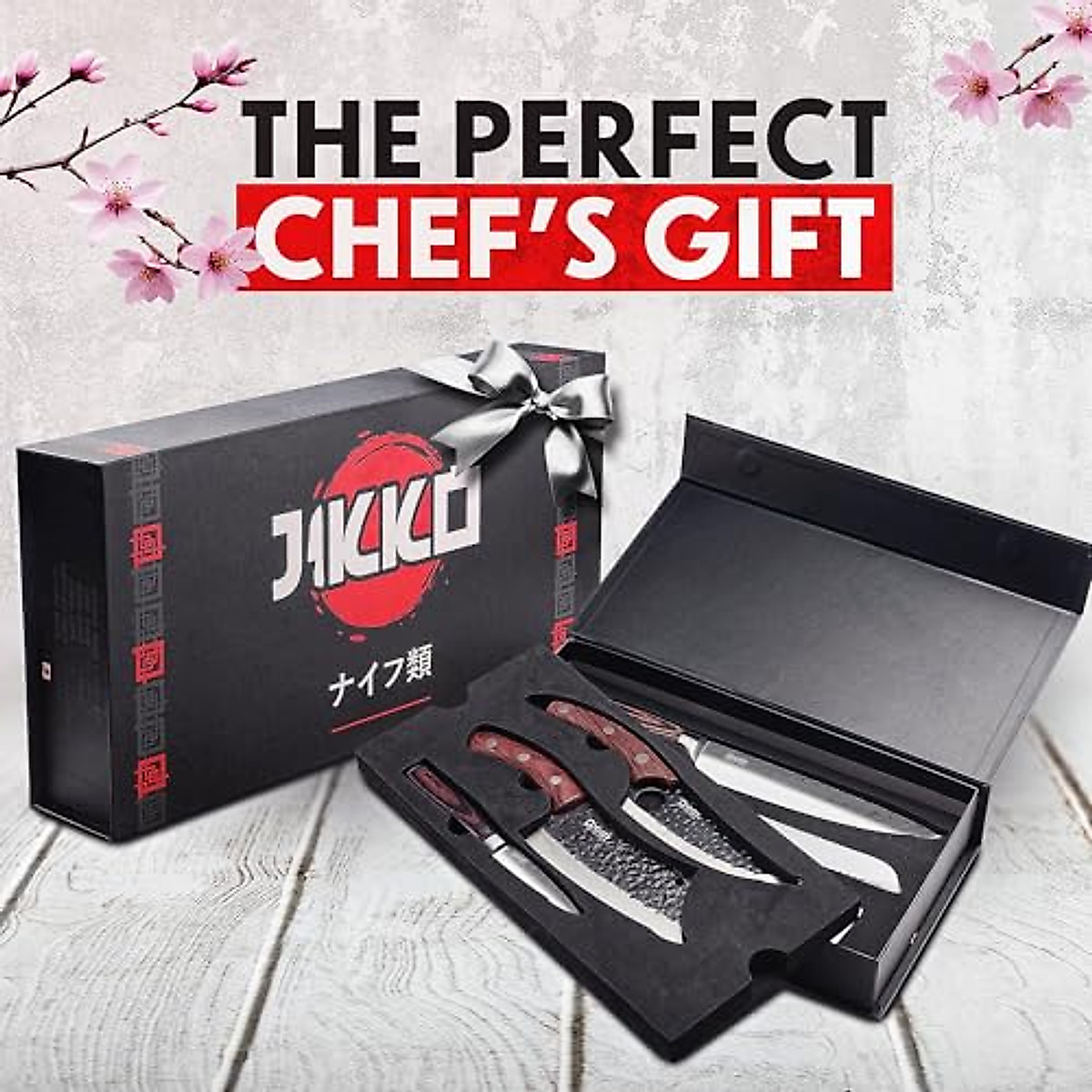 Jikko New Reinforced Carbon Steel Japanese Kitchen Knife Set – Original Series – Ultra Sharp Japanese Knife Set & Chef Knife with Mahogany & Walnut Wood Handles – Professional Chef's Knives